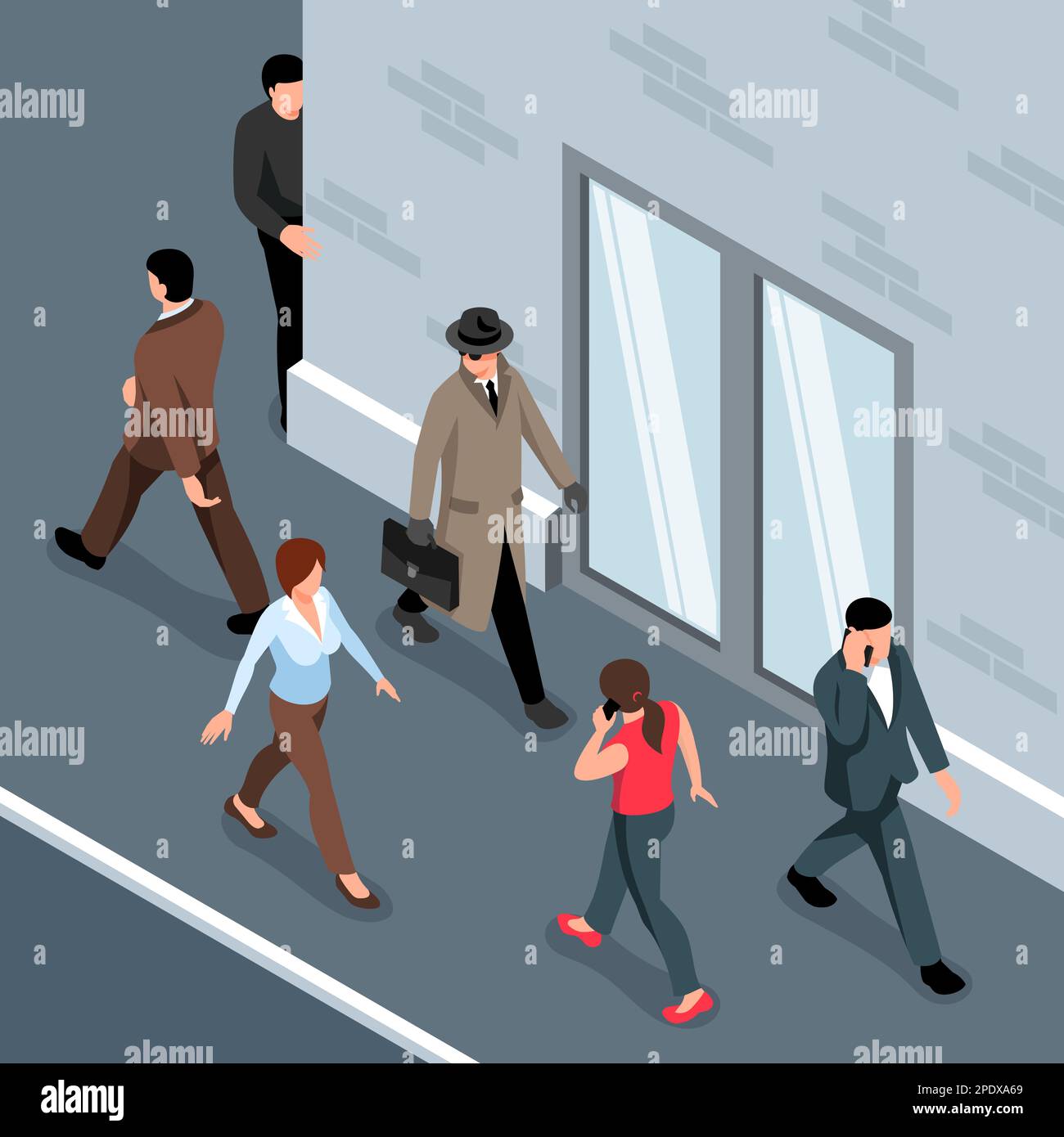 Isometric espionage concept with male in disguise on city street vector ...