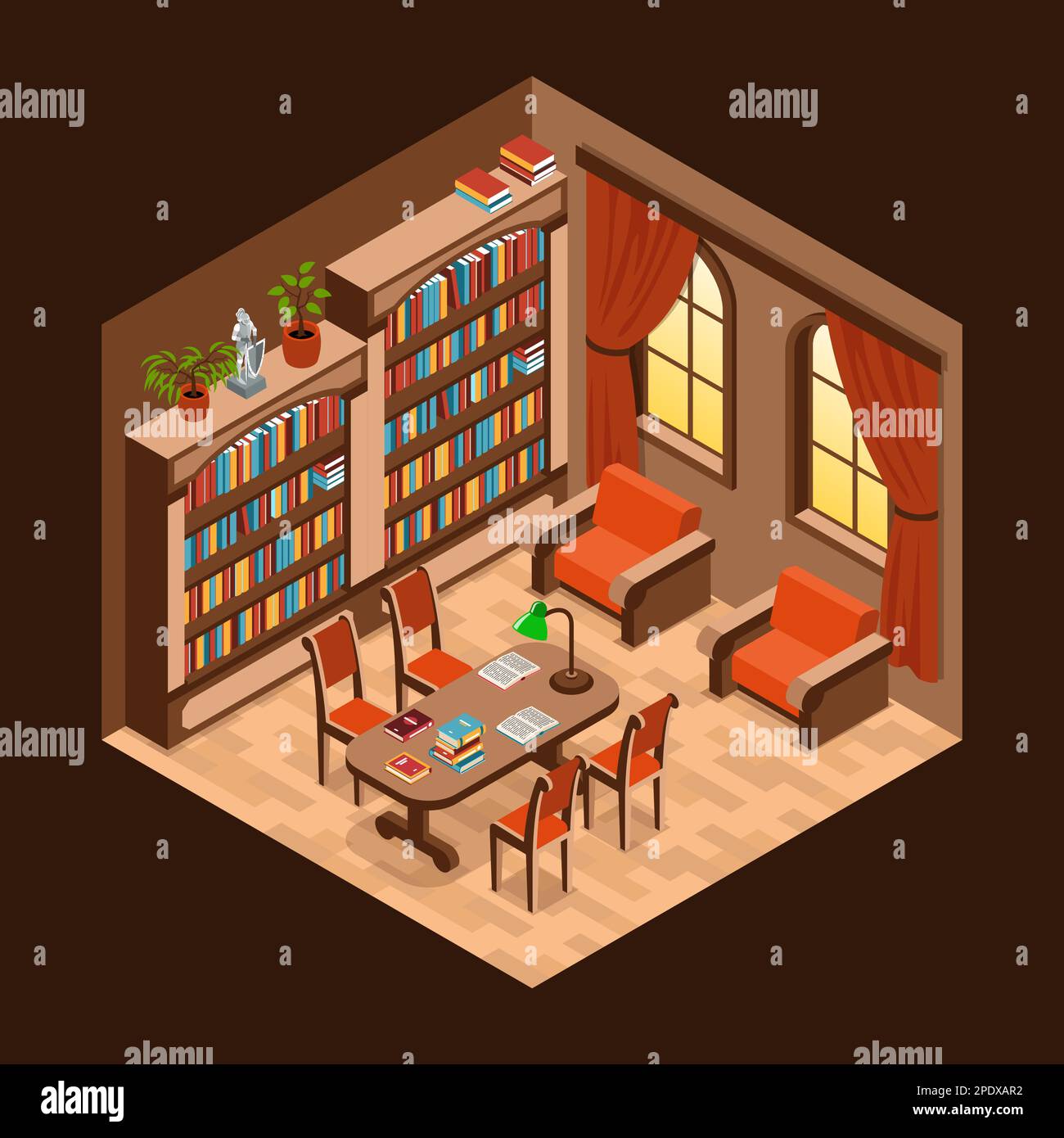 Isometric library interior with luxury furniture and bookshelves vector ...