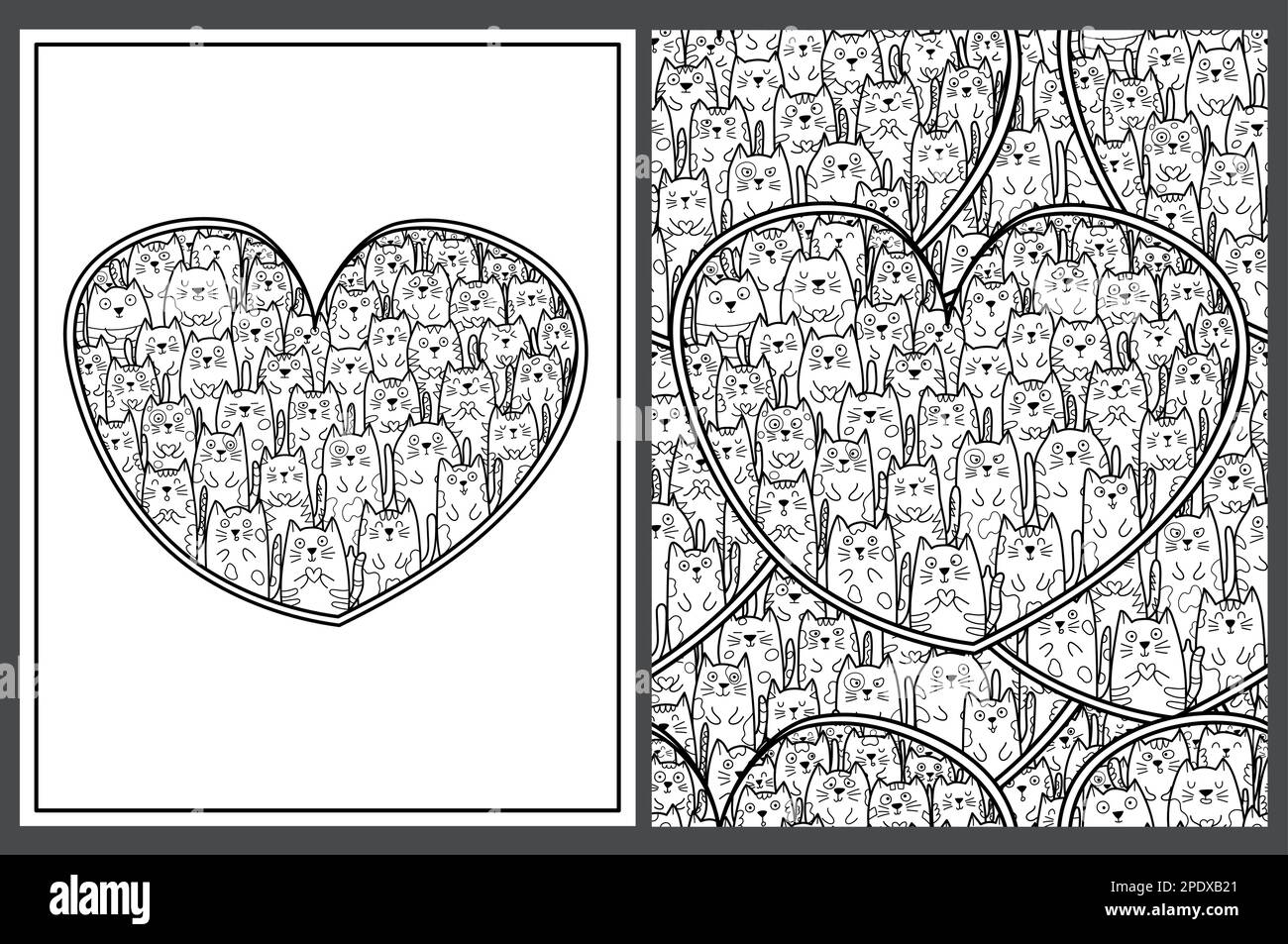 Doodle cats in hand drawn heart shape coloring pages set. Black and ...
