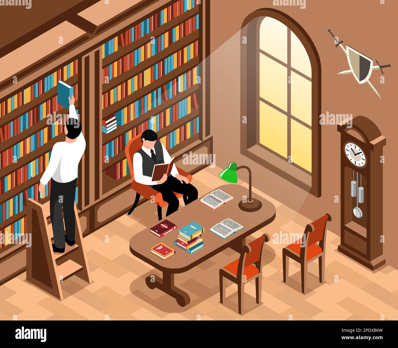 Isometric library interior with man taking book from boorshelf vector ...