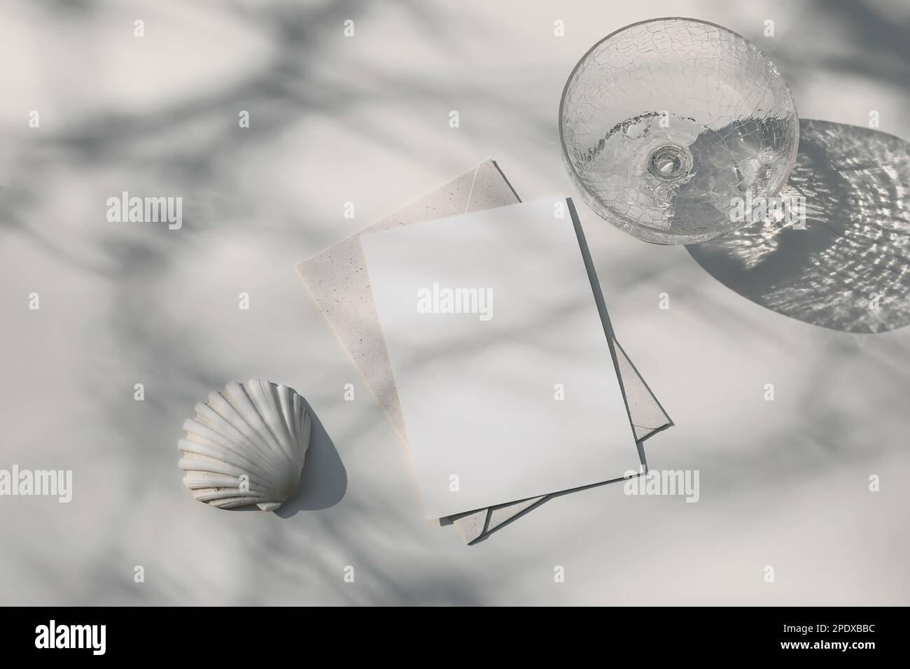 Summer neutral stationery, desktop scene. Blank greeting card, envelope ...