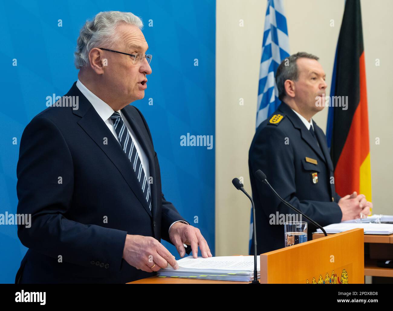 Munich, Germany. 15th Mar, 2023. Joachim Herrmann (l, CSU), Interior Minister of Bavaria, and ...