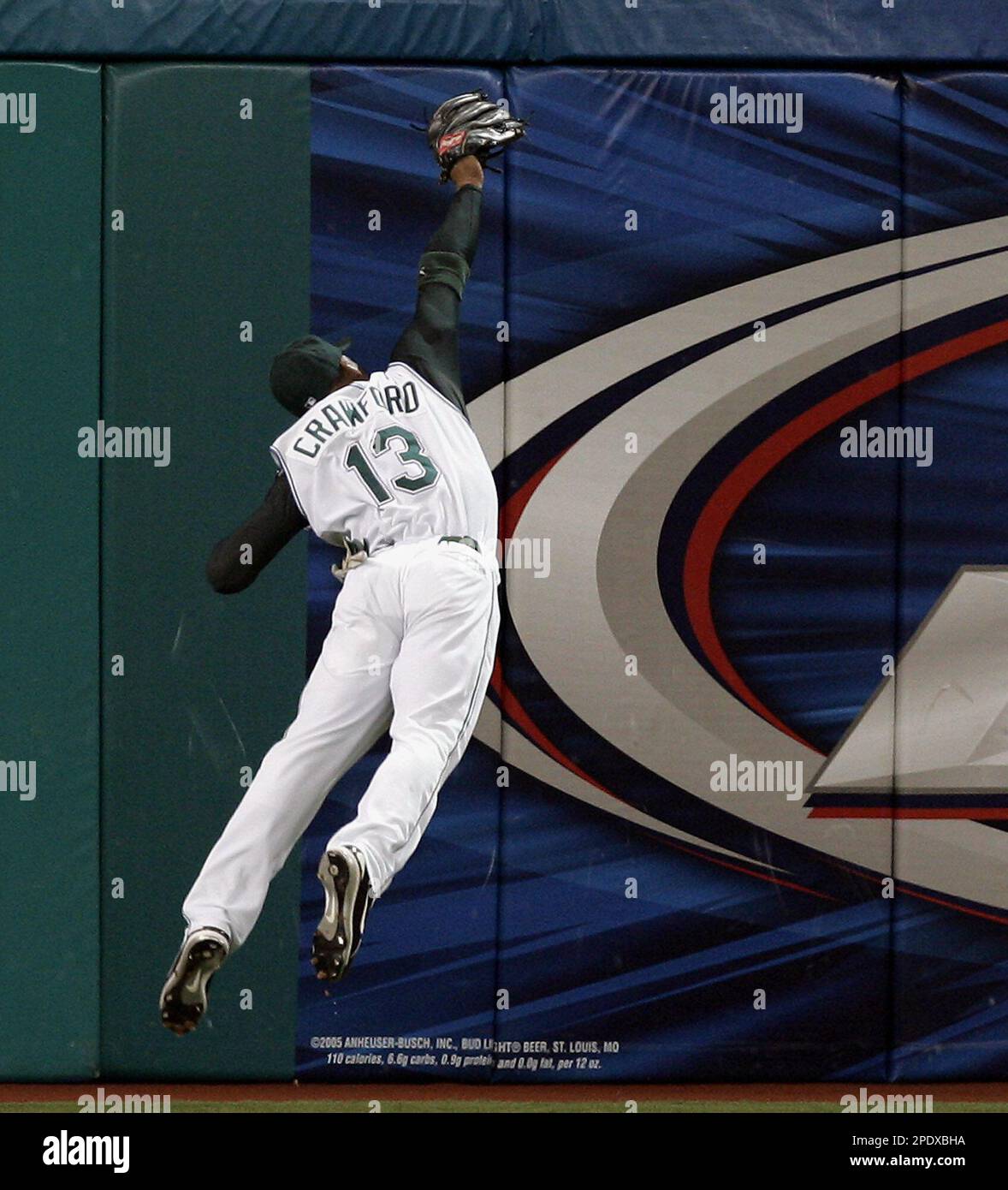 Tampa Bay Devil Rays left fielder Carl Crawford robs Cleveland Indians ...