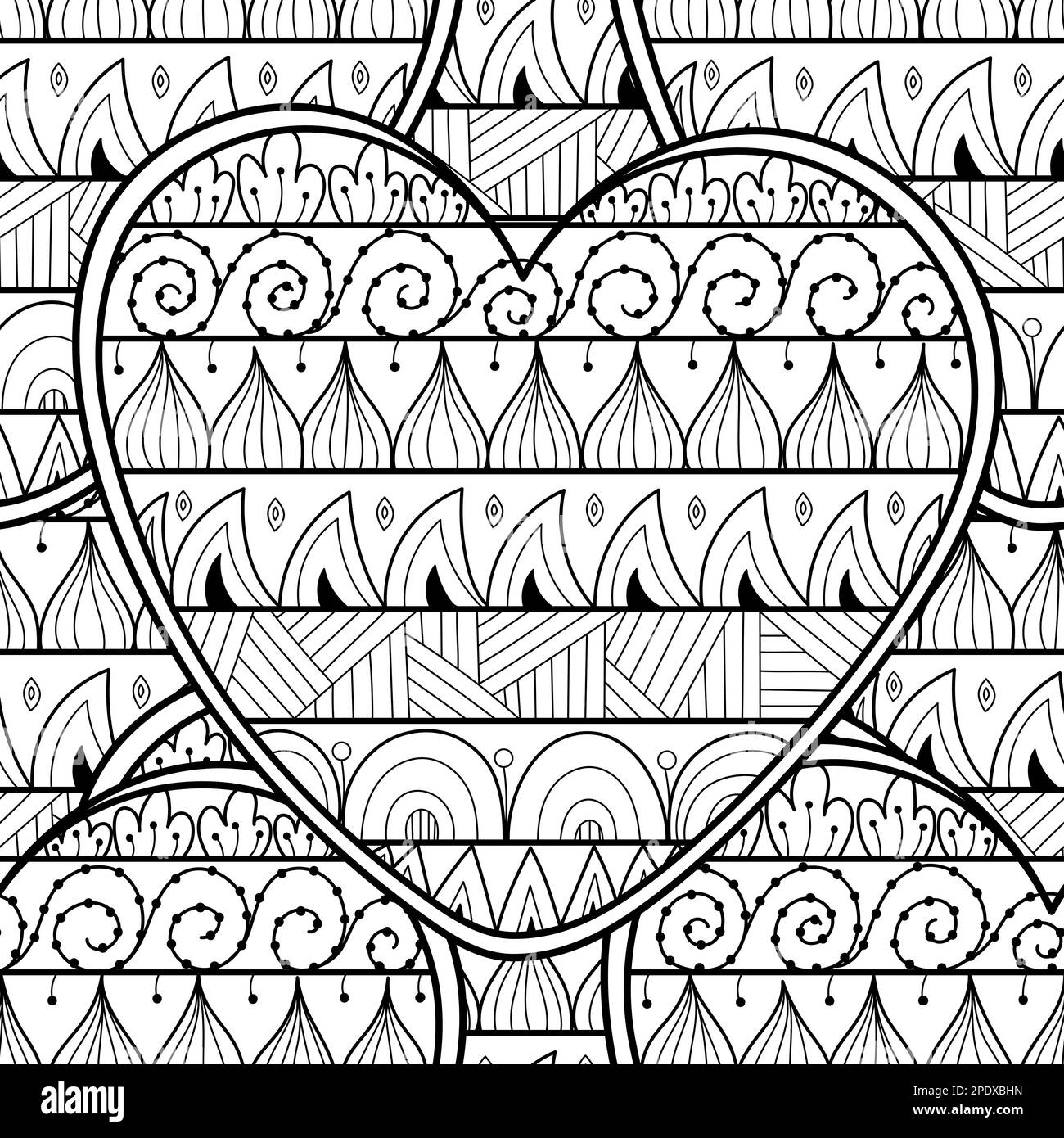 Ornamental doodle heart black and white seamless pattern for coloring ...