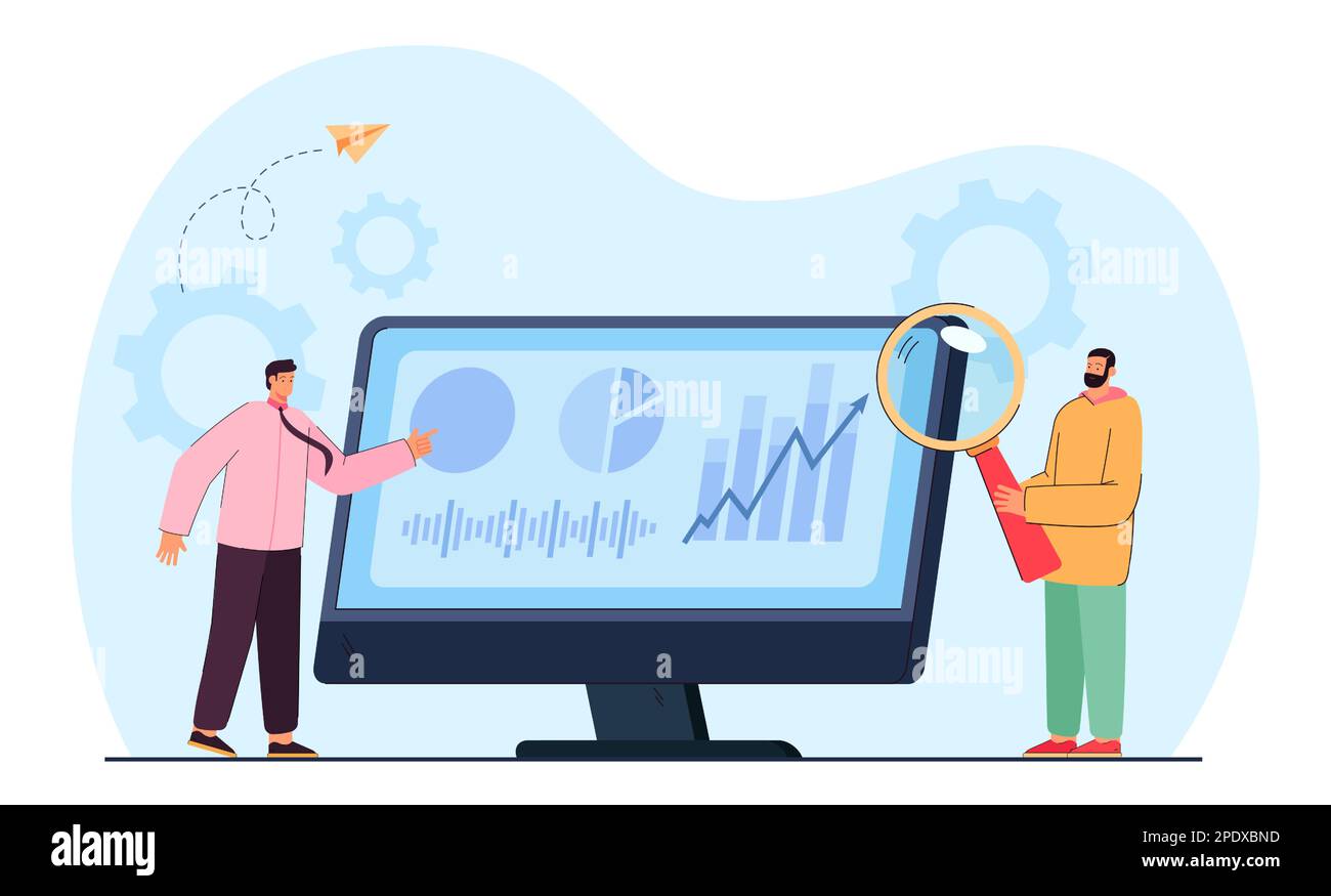 Tiny workers analyzing graphs and pie charts on computer screen Stock ...