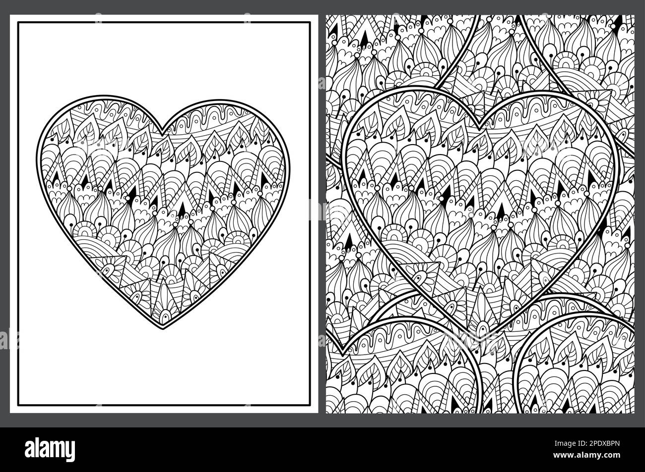 Black and white zentangle heart coloring pages set. Outline love ...