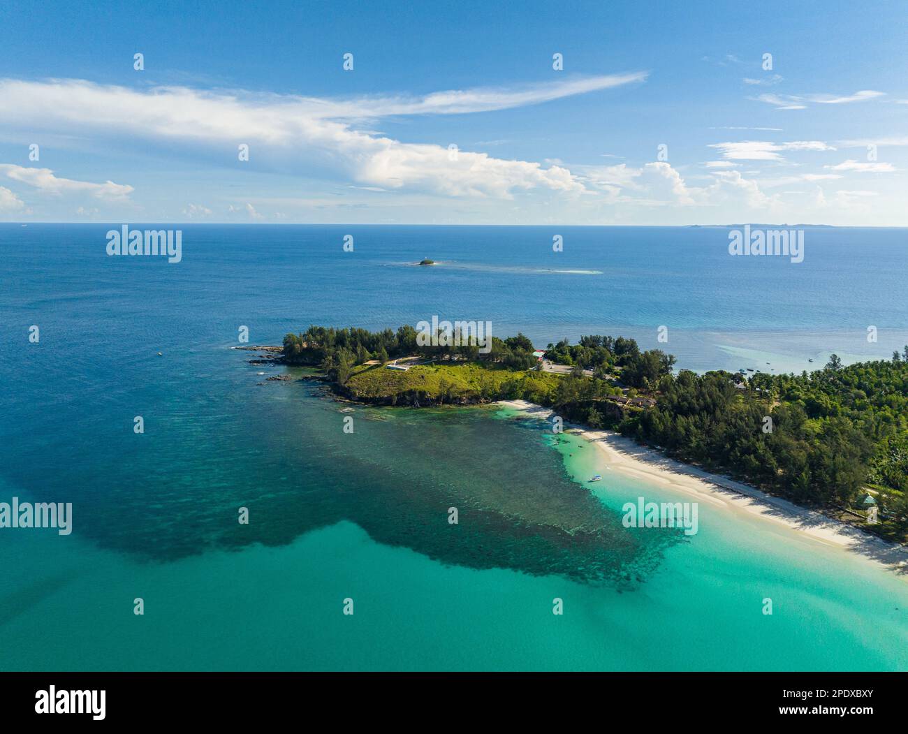 Aerial drone of Seascape with tropical sandy beach and blue ocean. The ...