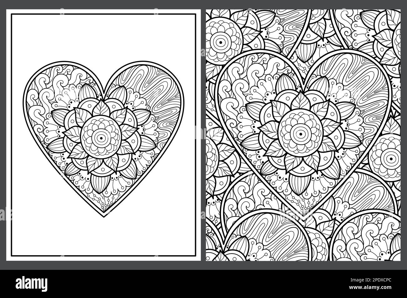Cute zentangle floral heart coloring pages set in US Letter format ...