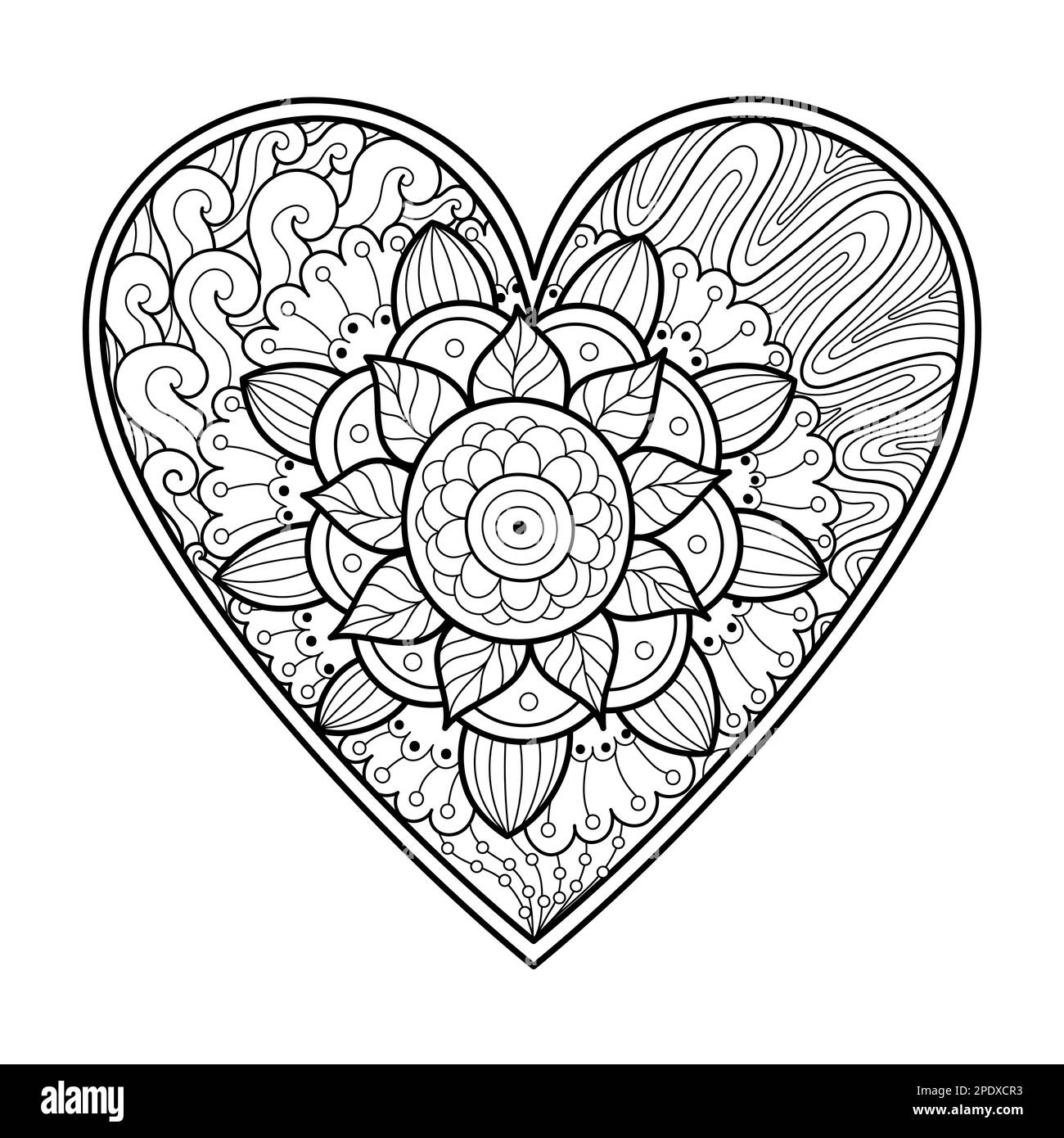 Cute zentangle floral heart coloring page. Black and white love pattern ...