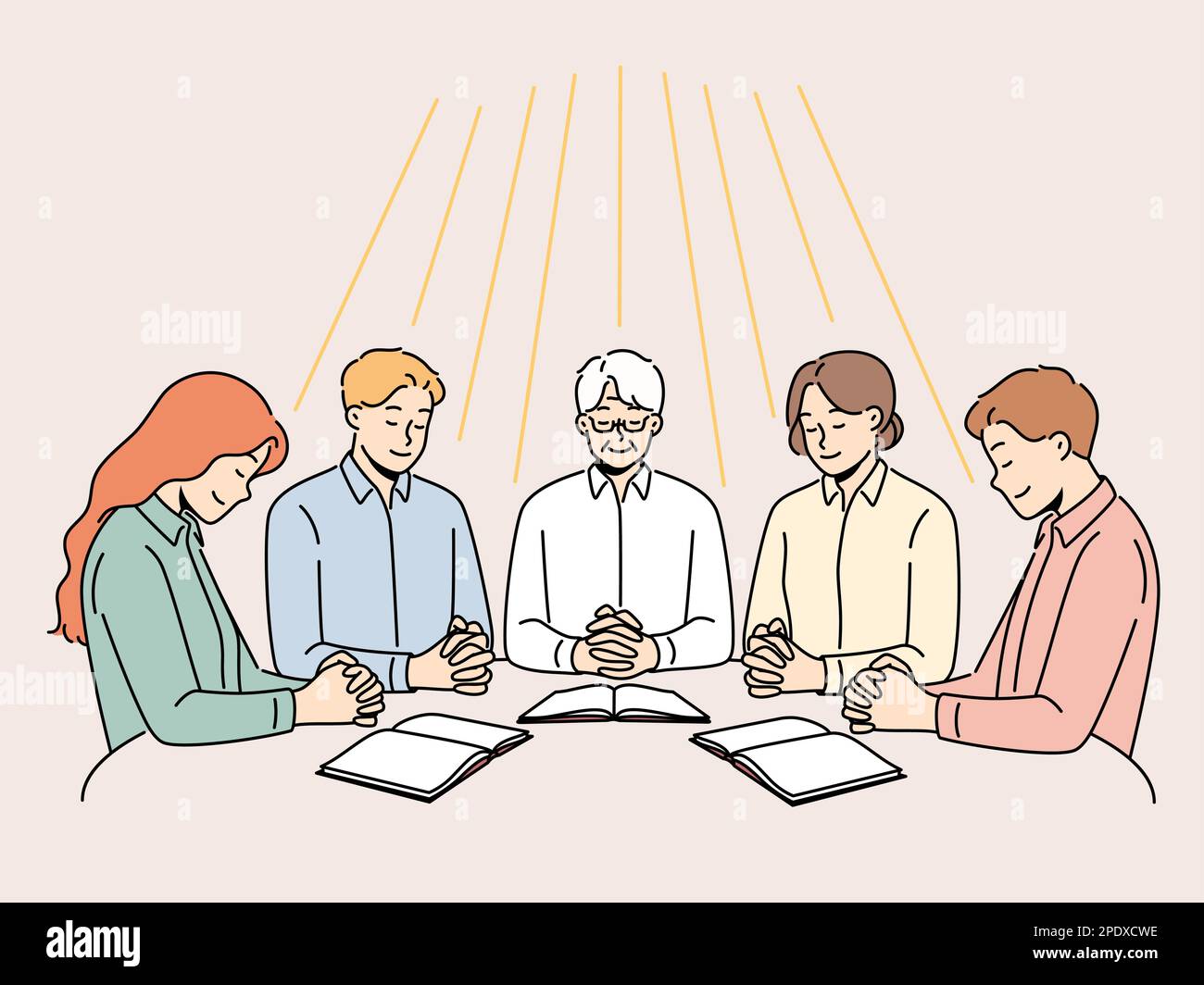 Group of diverse people sit at table praying together. Men and women ... Group of diverse people sit at table praying together. Men and women ...