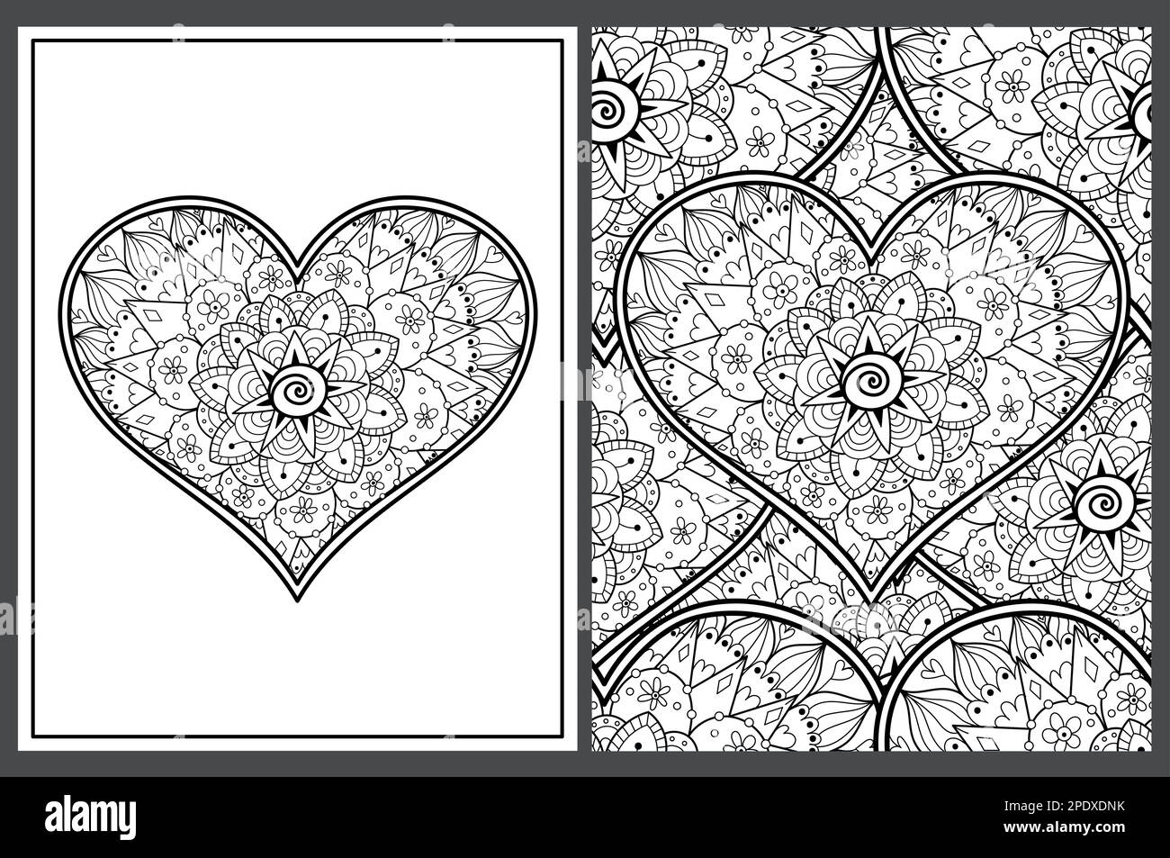 Zentangle floral heart coloring pages set in US Letter format. Black ...