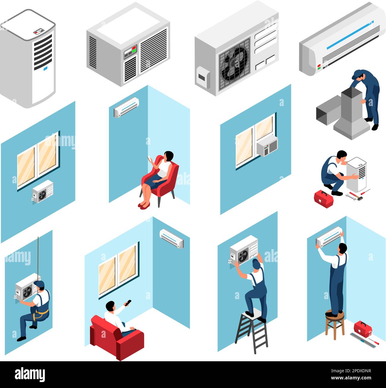 Isometric air conditioning icons set with cooling technic installation ...