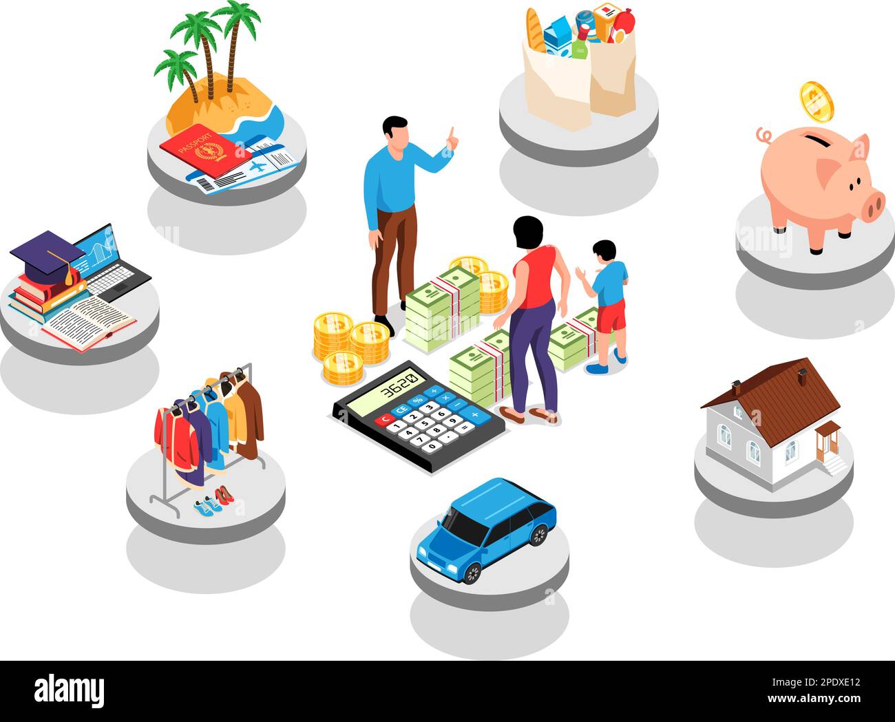 Isometric family budget composition with people counting money vector ...