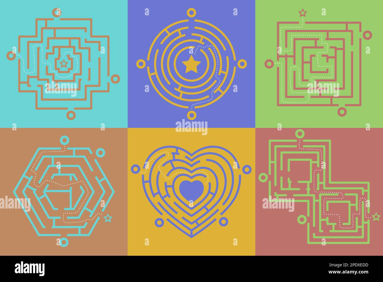 Colorful labyrinth of different shapes cartoon illustration set Stock ...
