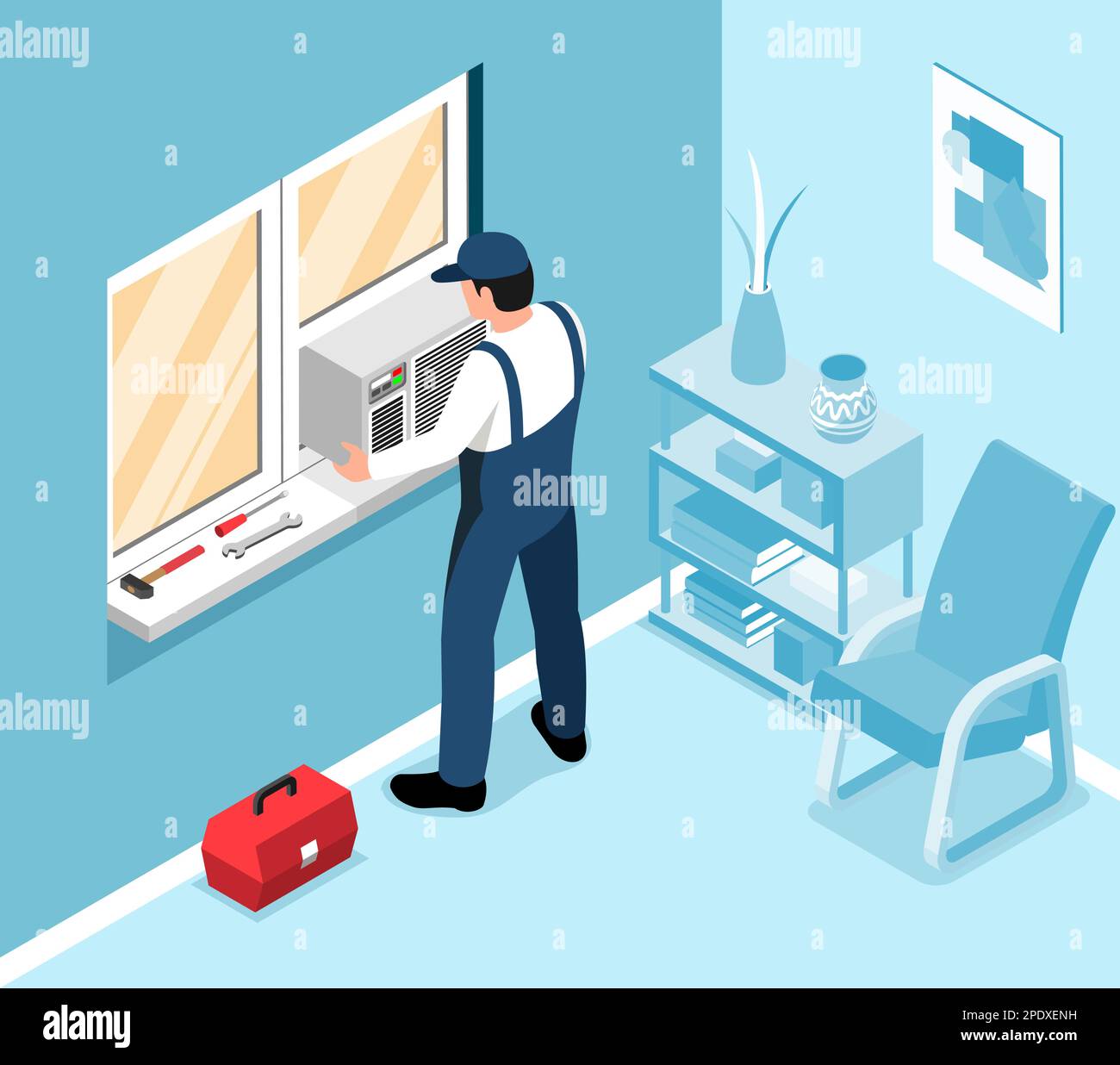 Air Condition Installation Concept With Handyman Assembling Cooling System Isometric Vector
