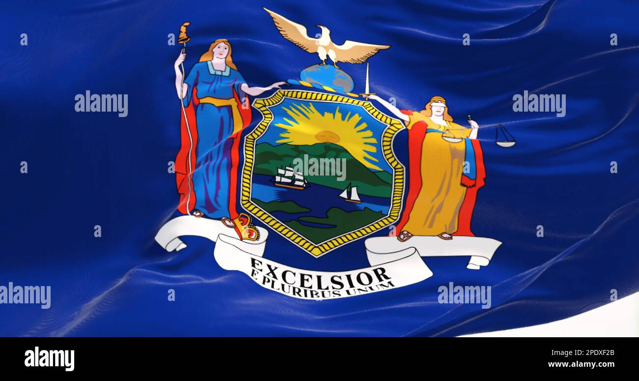 Detail of the New York State flag waving. Blue background with state ...