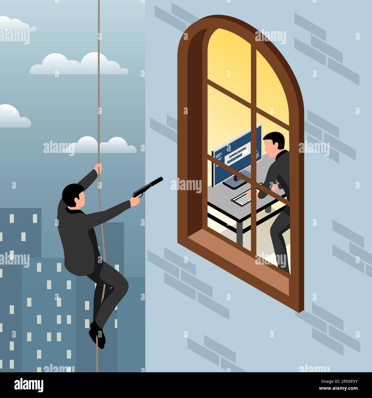 Secret agent isometric concept with spy climbing house wall vector ...