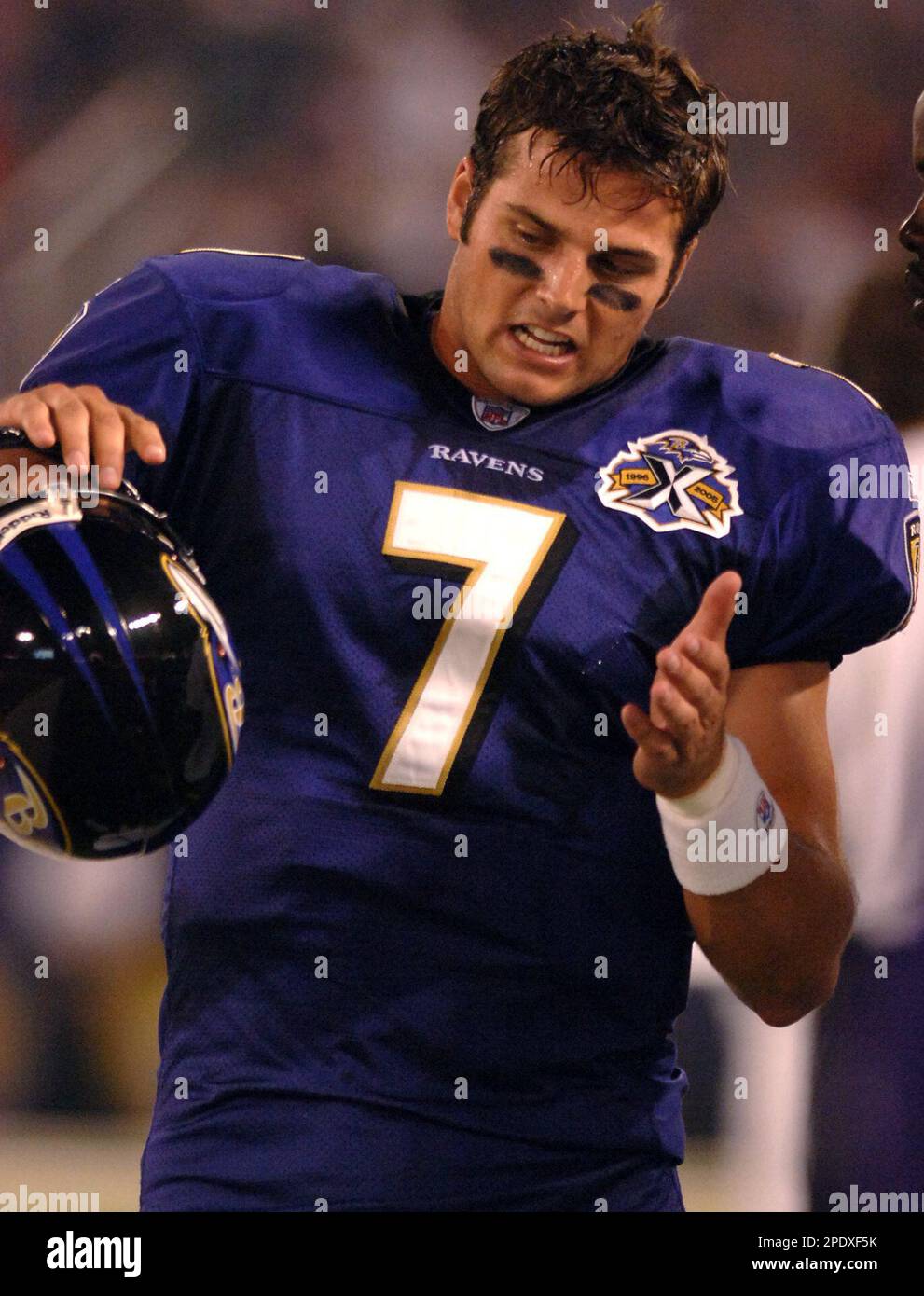 Baltimore Ravens quarterback Kyle Boller talks on the sideline after ...