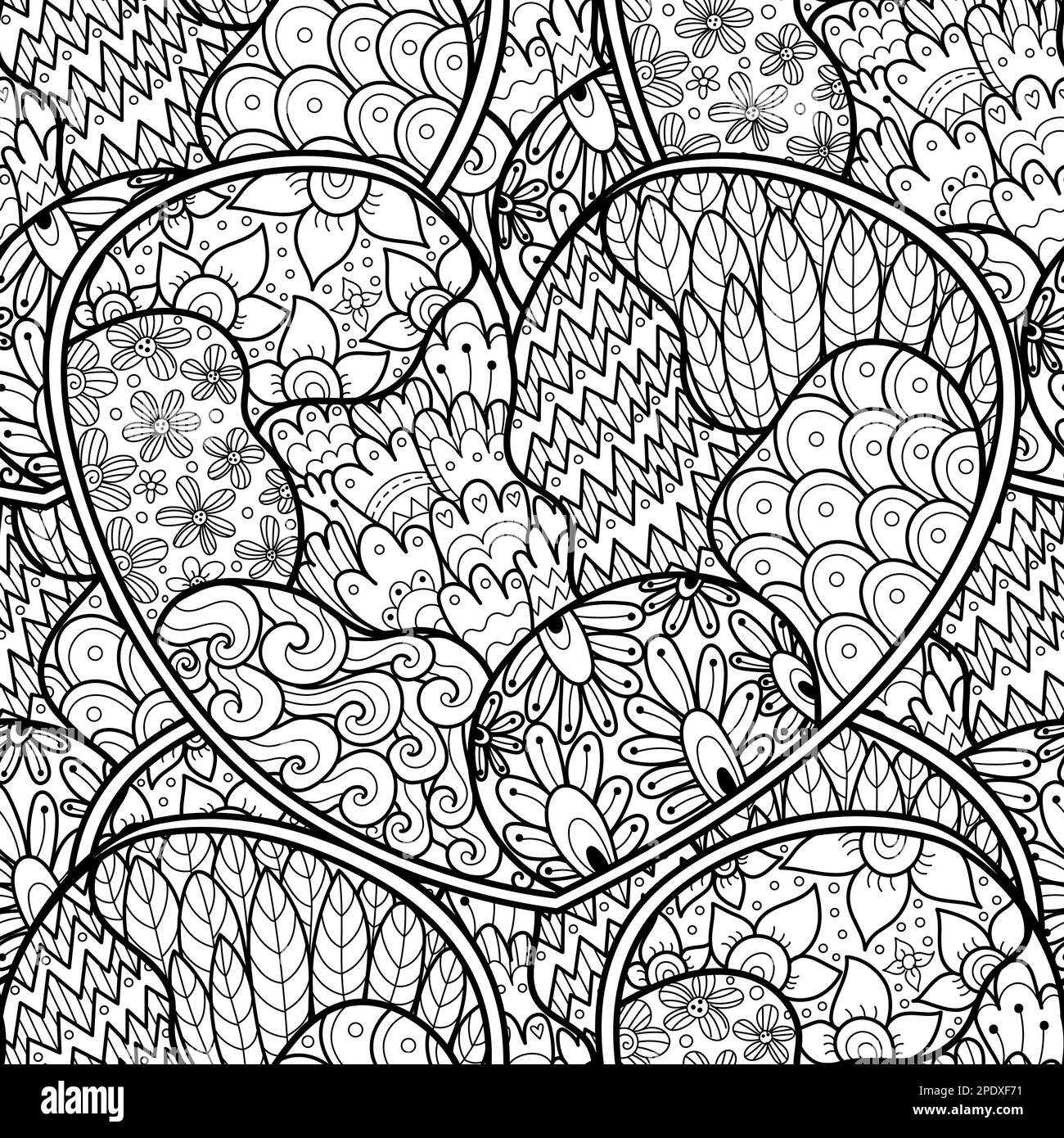 Ornamental doodle heart black and white seamless pattern for coloring ...