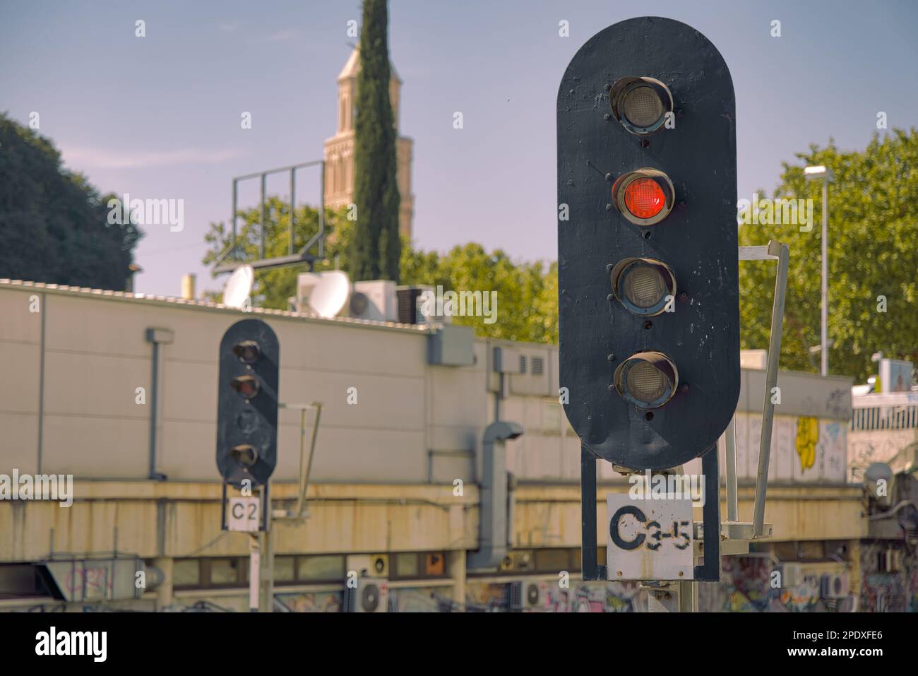 Red signal at the railway station Stock Photo - Alamy