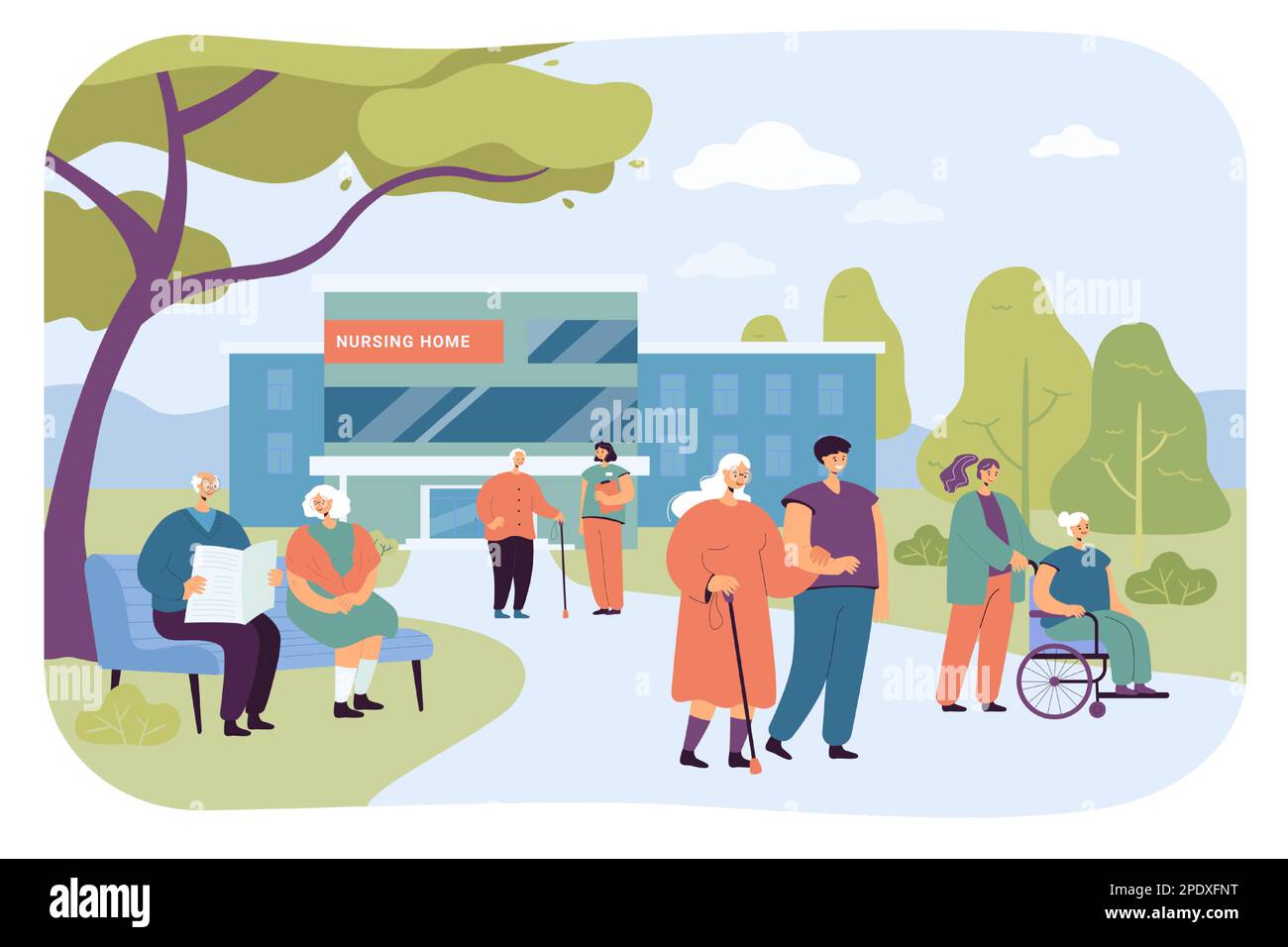 Nursing home building and visitors with elderly people Stock Vector ...