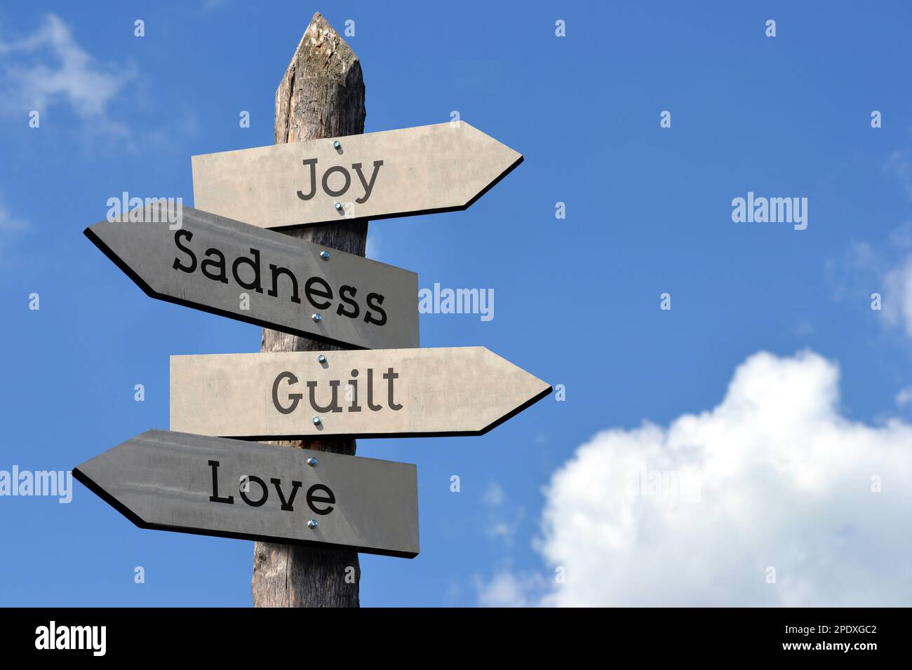 Joy, sadness, guilt, love - wooden signpost with four arrows, sky with ...