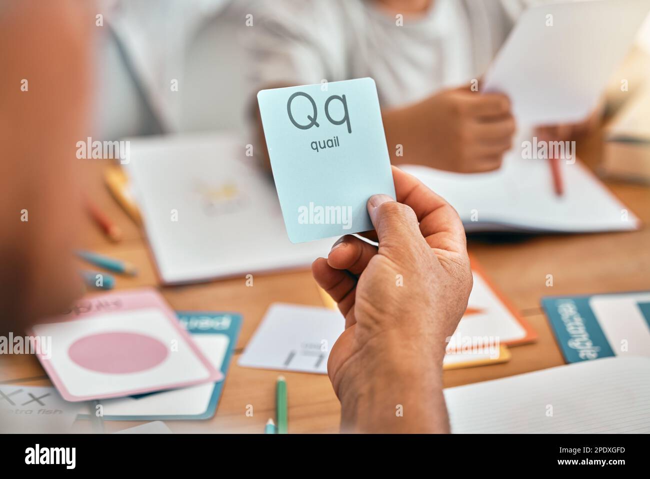 Learning, cards and parents with children and letter lesson for ...