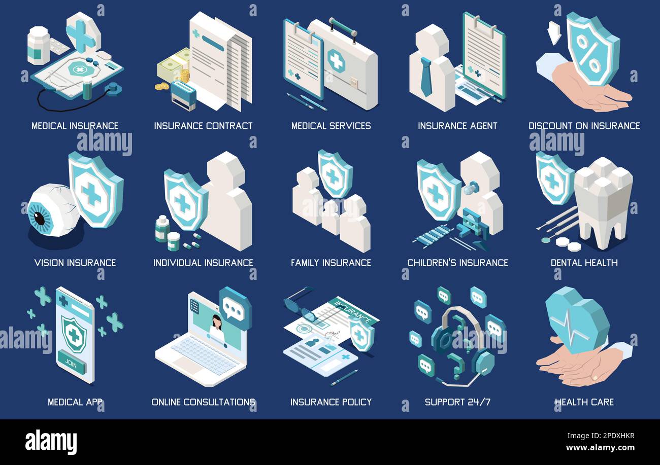 Health medical insurance isometric icons set with healthcare app ...