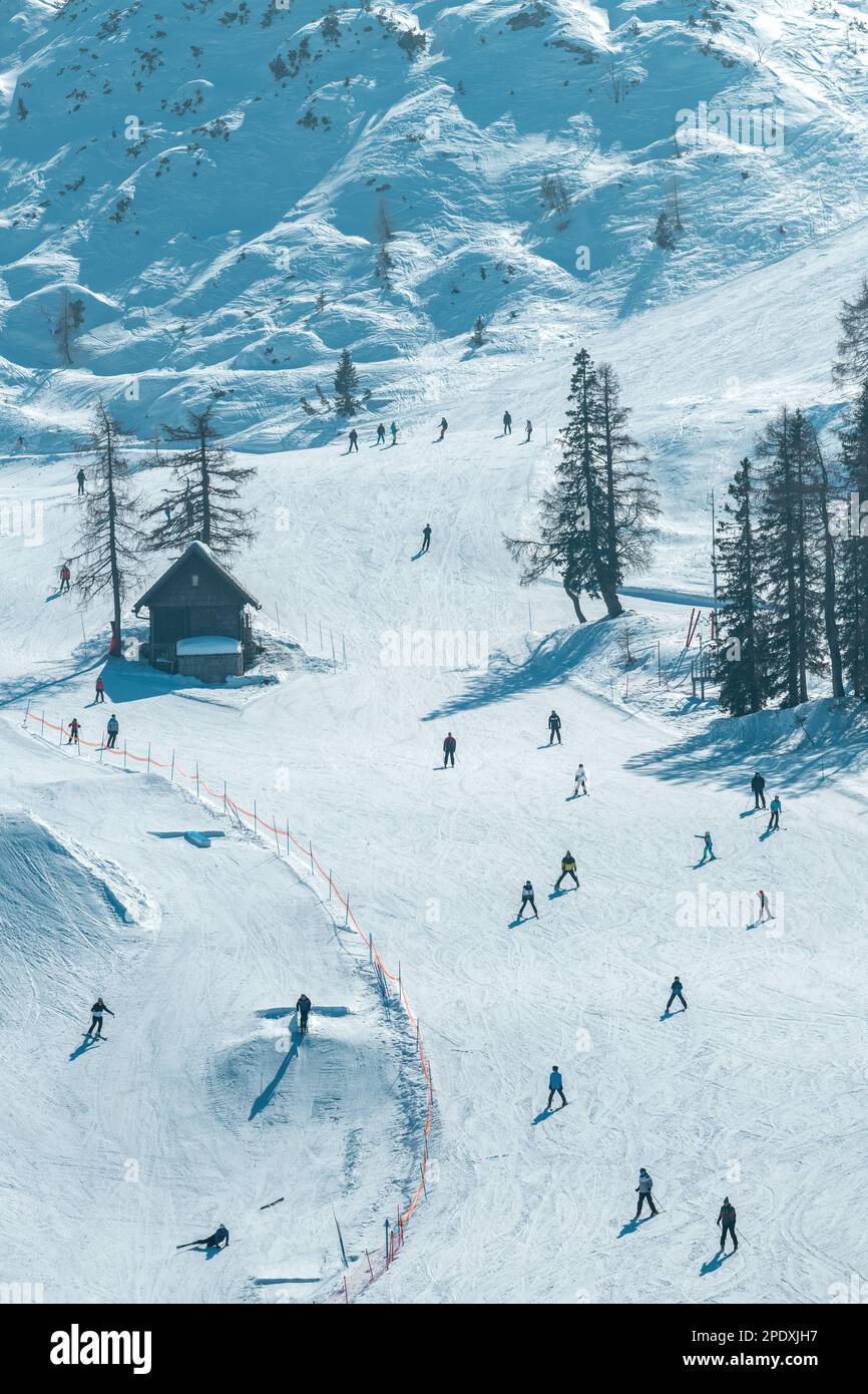 Large group of skiers enjoying sunny winter day on ski slope ...