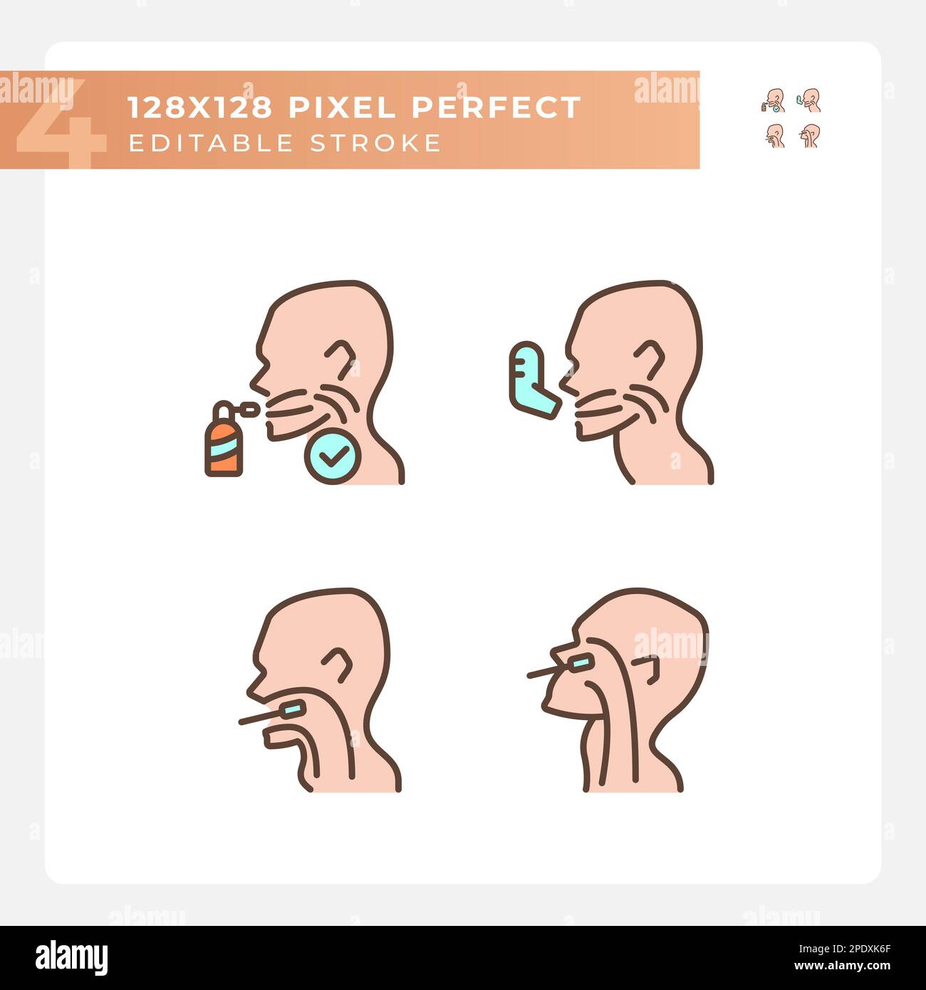 Throat examination and inhalation pixel perfect RGB color icons set ...