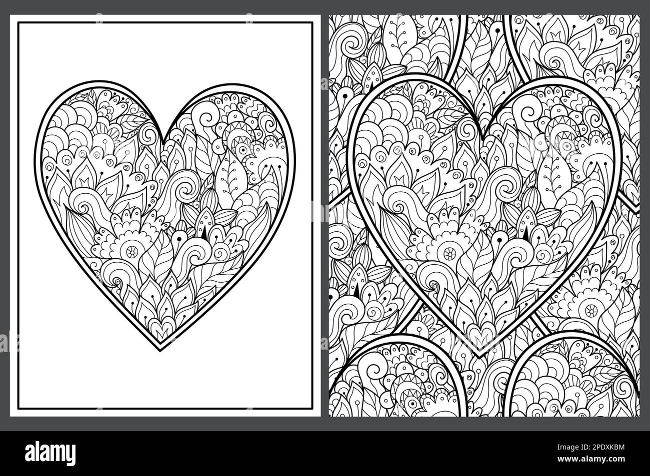Doodle cats in hand drawn heart shape coloring pages set. Black and ...