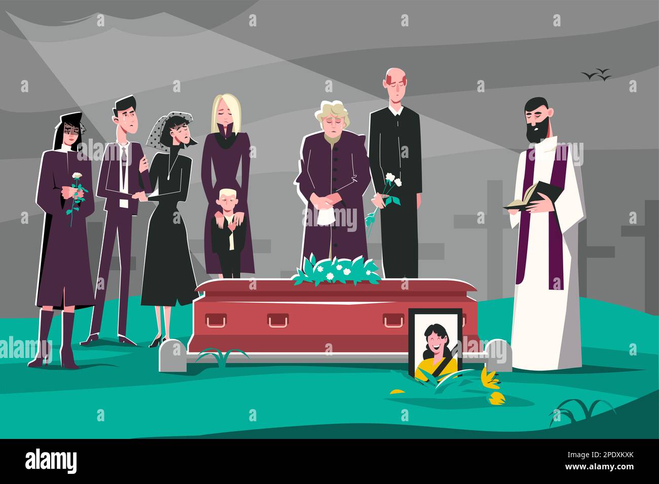 Flat funeral death composition grieving family and priest standing in ...