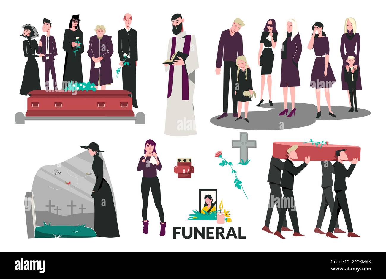Flat funeral death composition set grieving family standing by the ...