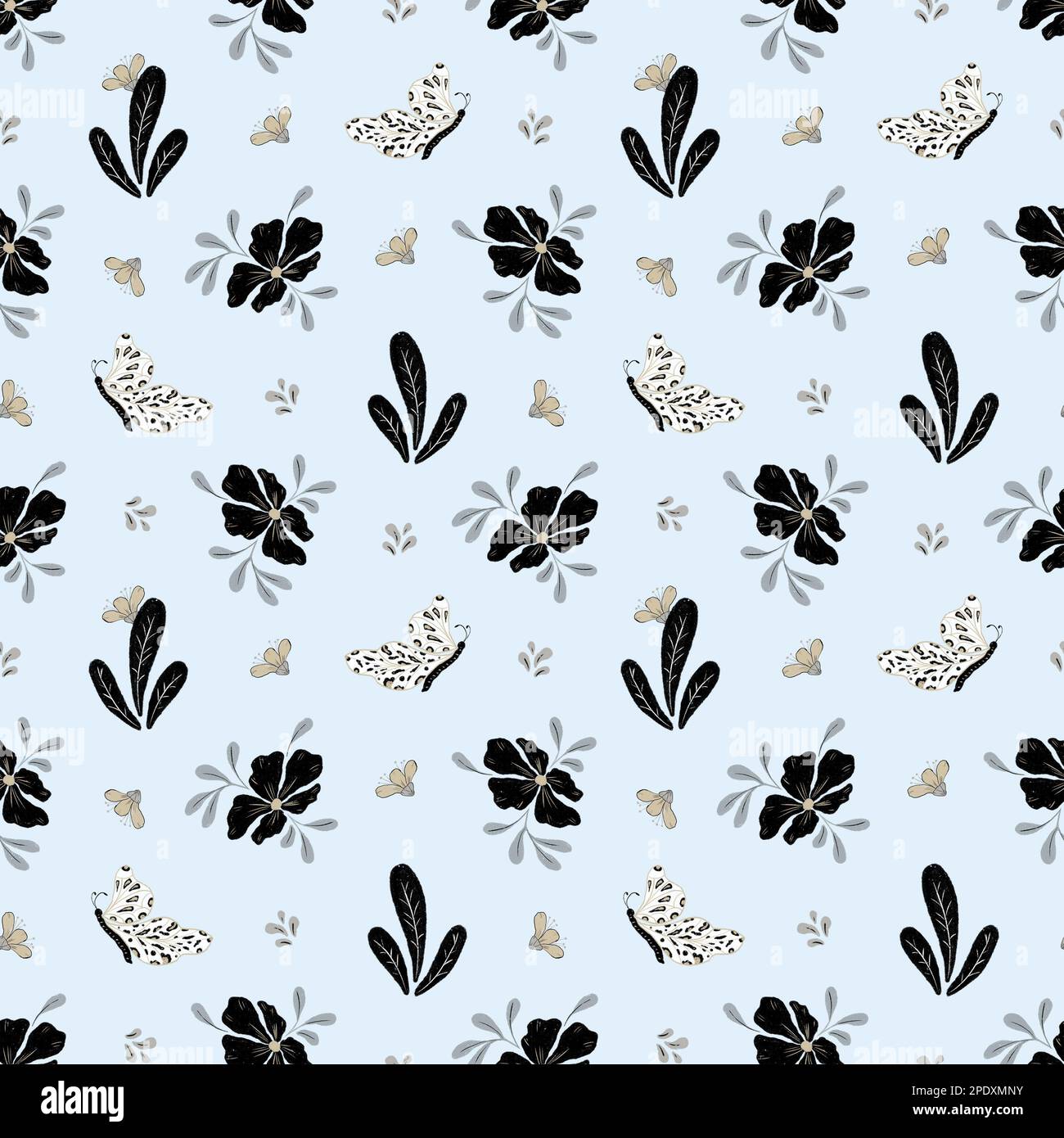 Floral Butterfly seamless monochrome pattern. Hand drawing of flowers ...