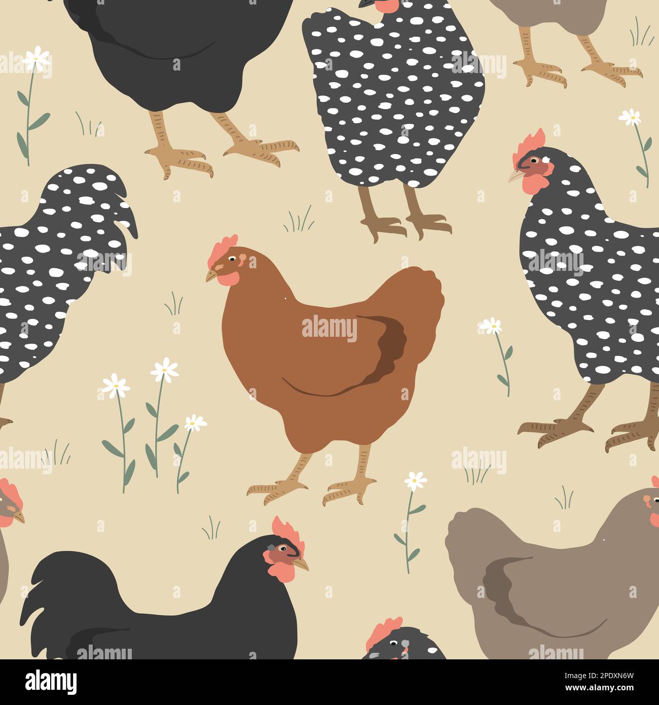 Seamless spring pattern with cute chickens and flowers. Vector graphic ...