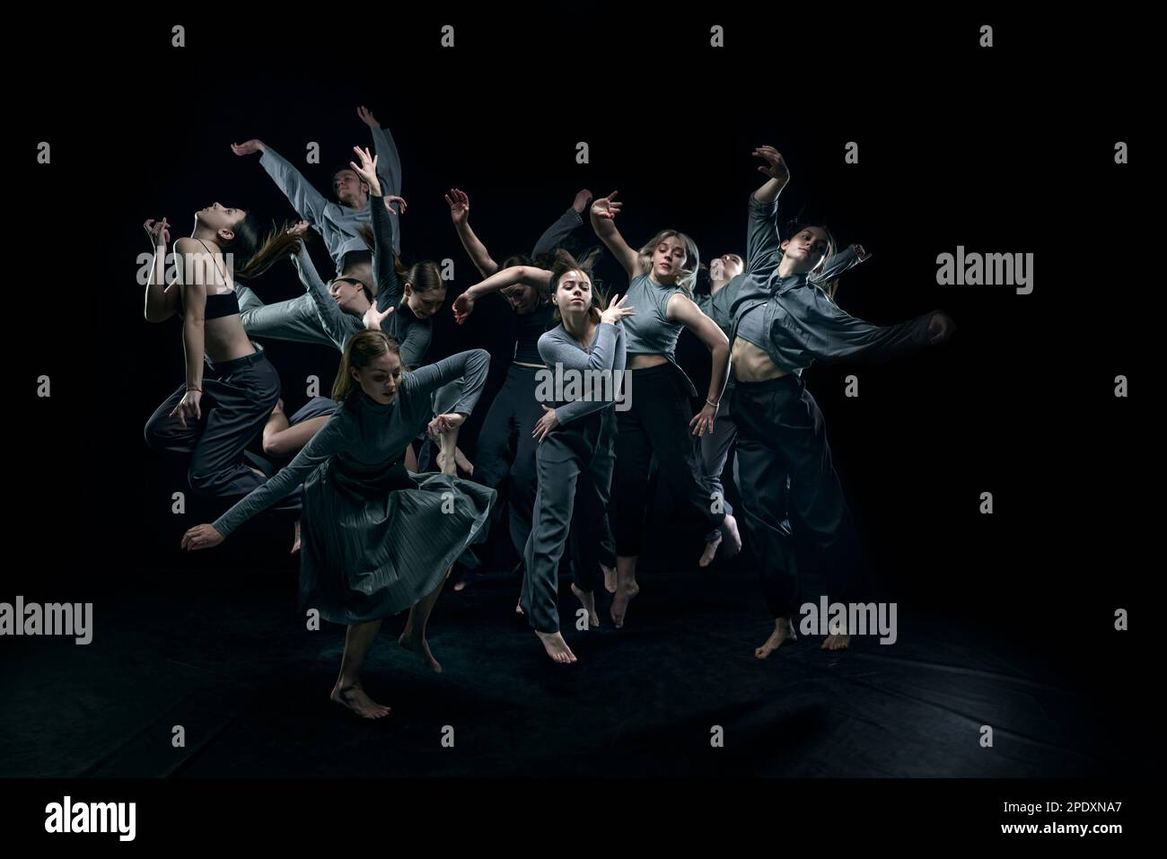 Chaotic performance. Group of young people, contemp dancers dancing ...