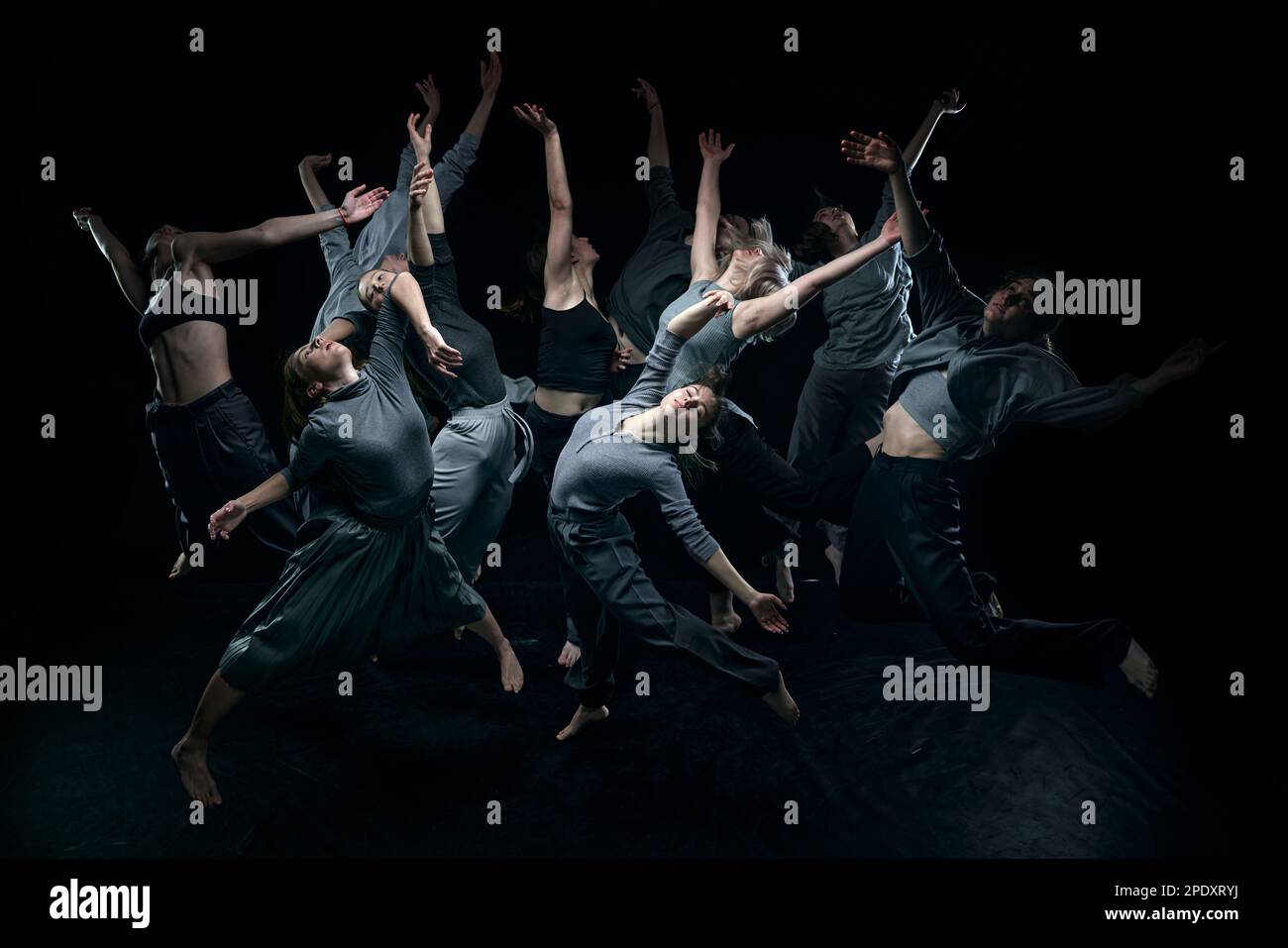 Top view. Expressive contemp dance. Group of young people dancing ...