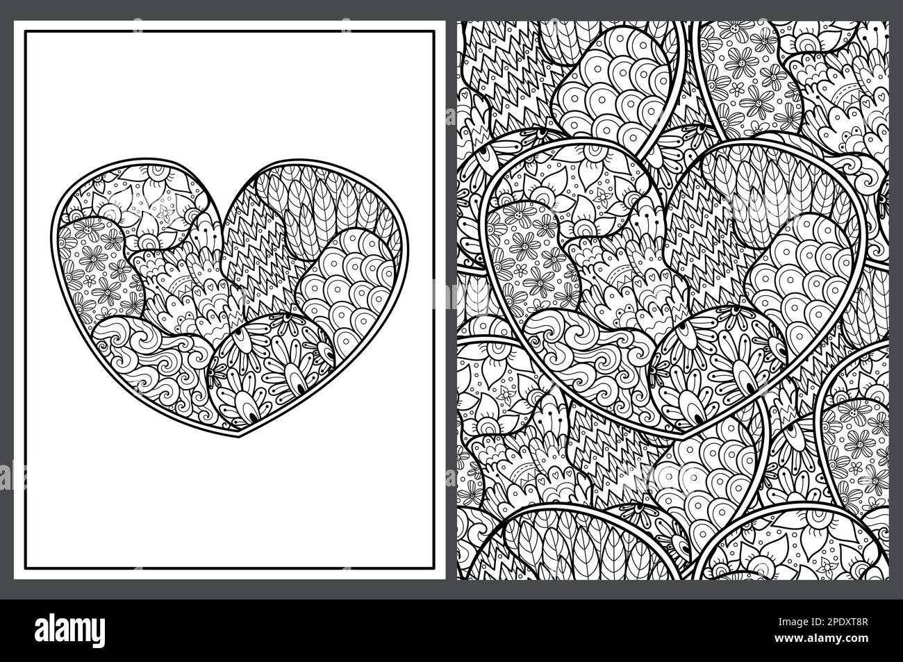 Doodle heart coloring pages set in US Letter format. Black and white ...