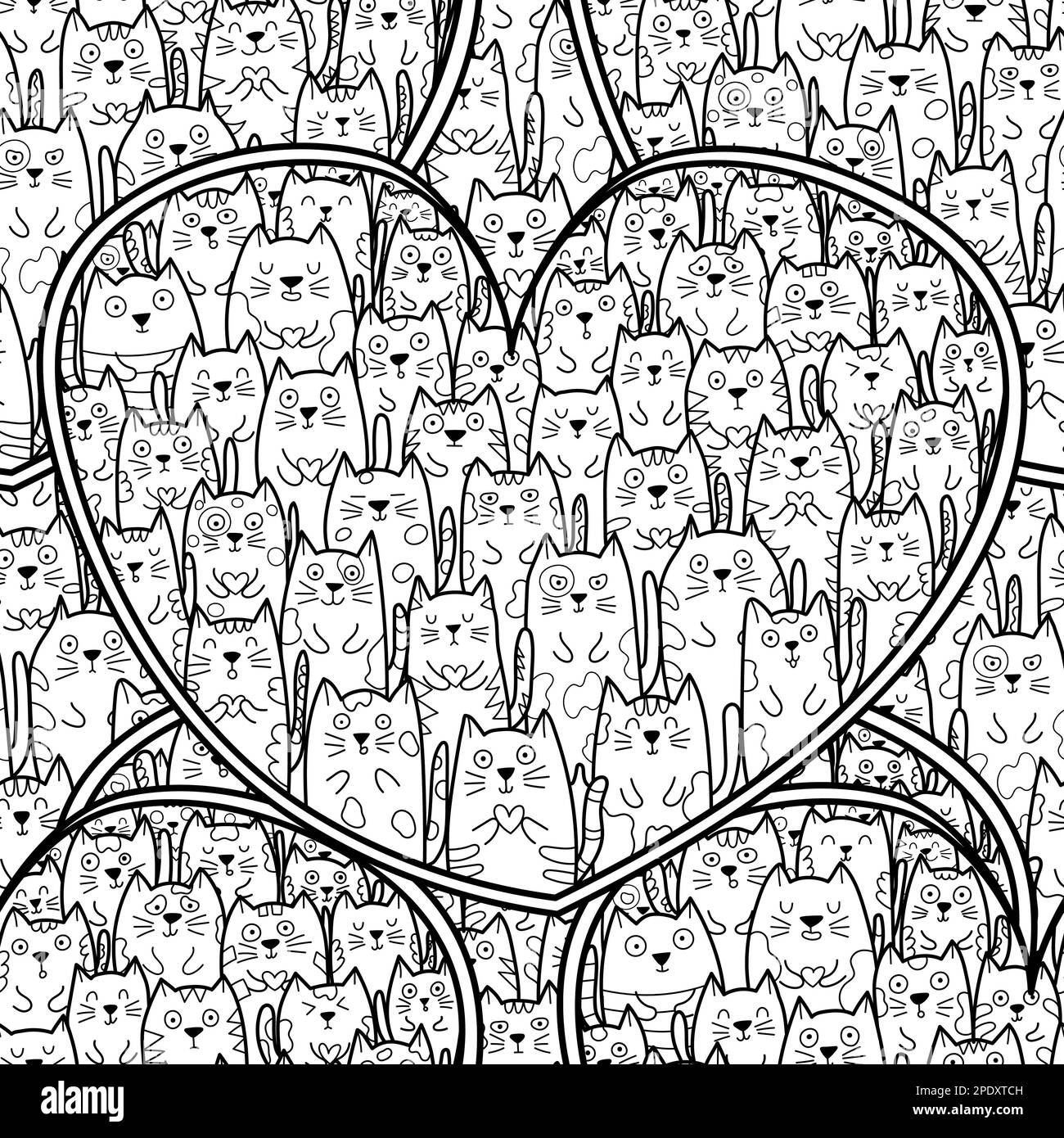 Doodle cats in hand drawn heart shape black and white seamless pattern ...