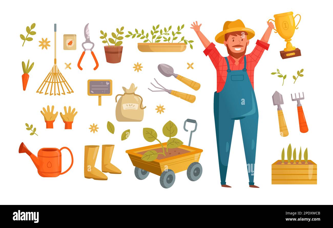 Farmer cartoon character with equipment vector illustrations set Stock ...