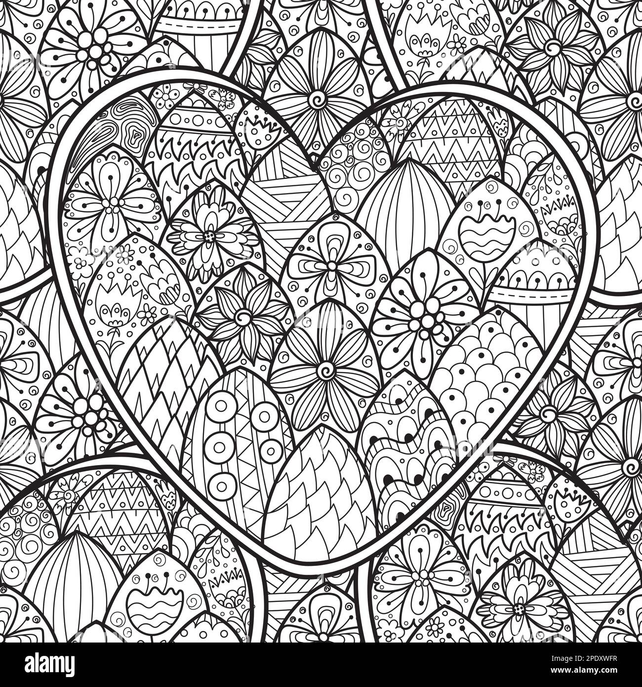 Cute doodle heart black and white seamless pattern for coloring book ...