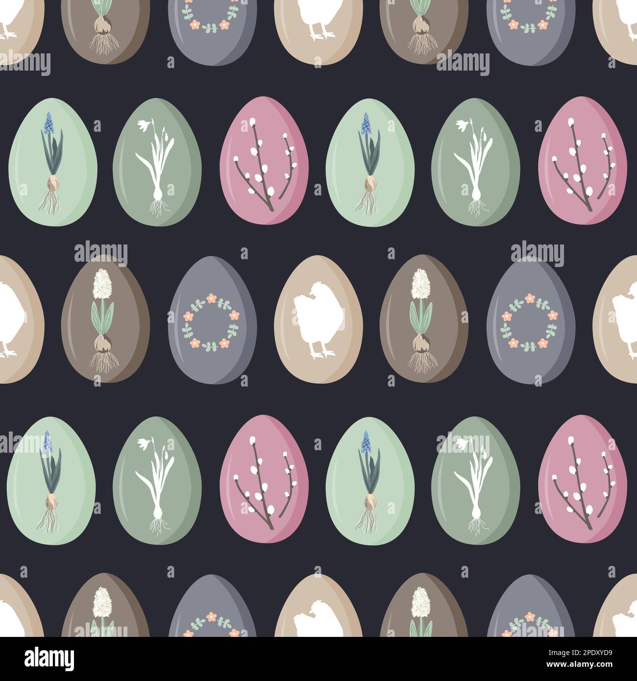 Vintage Easter eggs with spring flowers and symbols on dark background ...