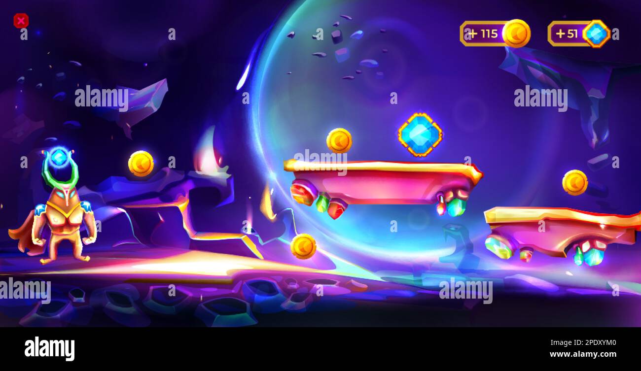 Cartoon cosmic game with platforms, astronaut and crystal bonus or ...