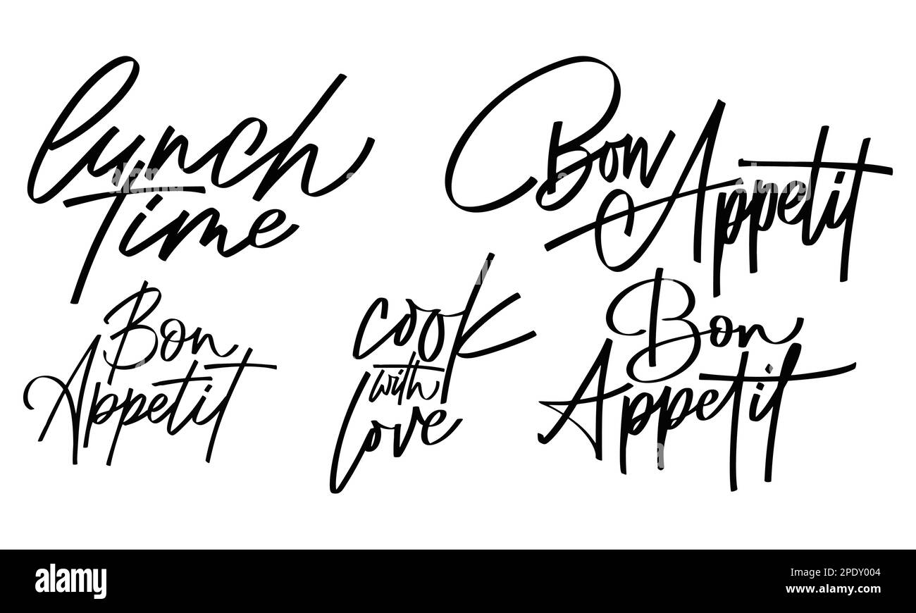 Set of script food text quote. Bon appetit lettering in hand drawn ...