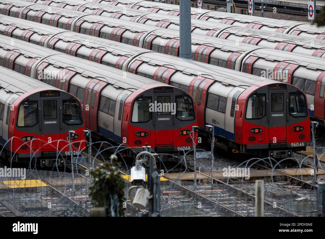 London, UK. 15 March 2023. Tube trains parked up at Stanmore tube ...
