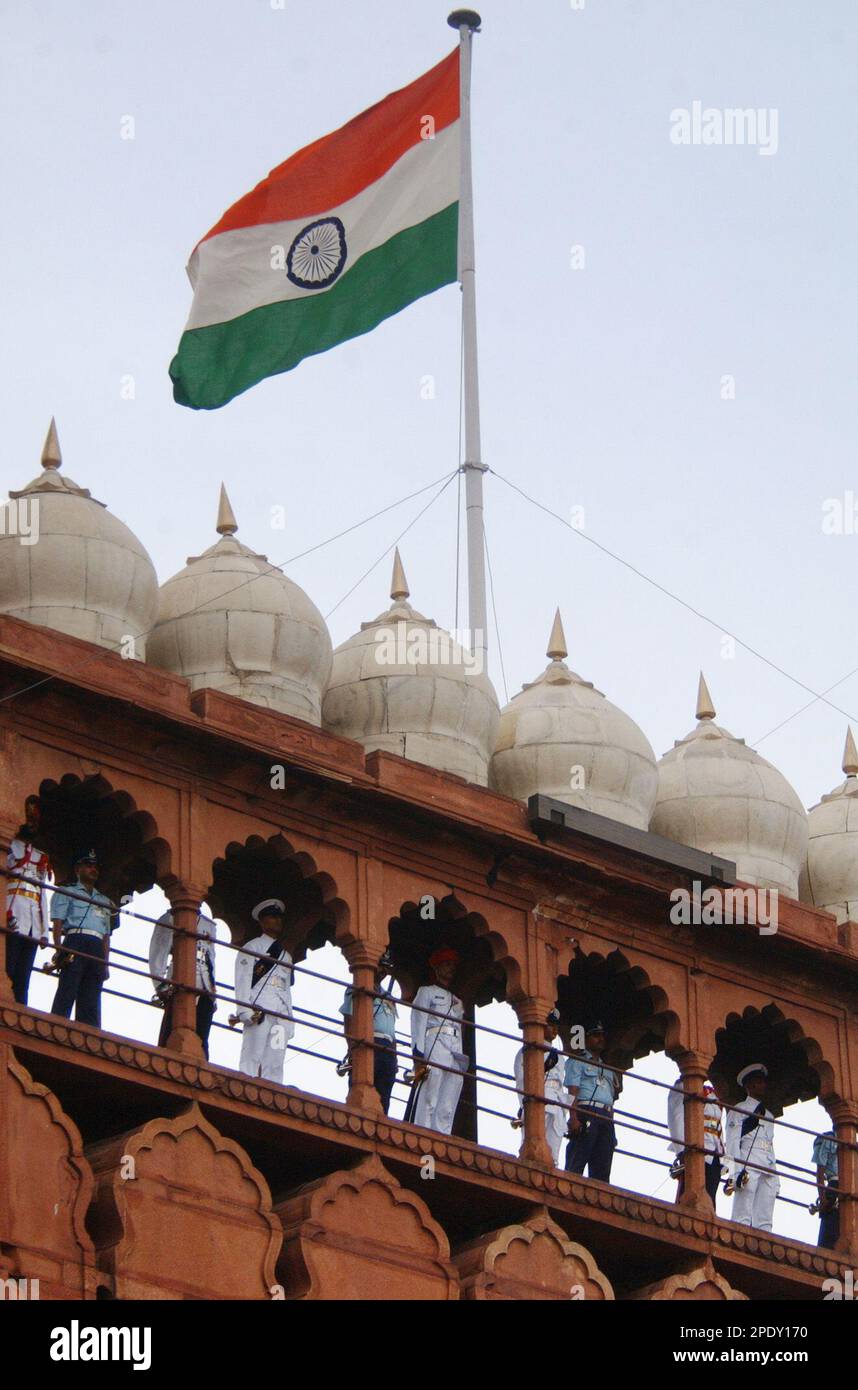Soldiers stand on the ramparts of the Red Fort during 58th Independence ...