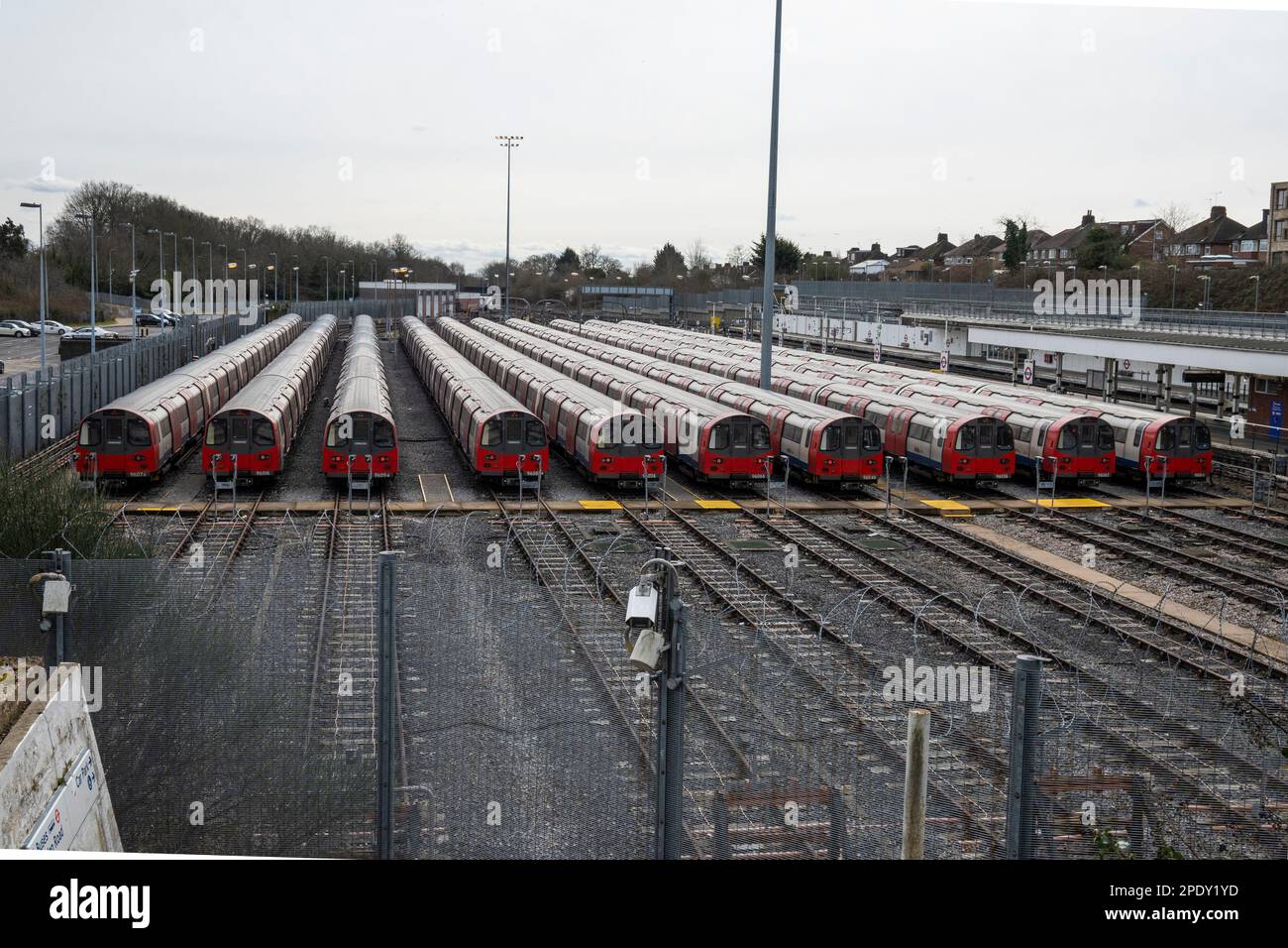 London, UK. 15 March 2023. Tube trains parked up at Stanmore tube ...