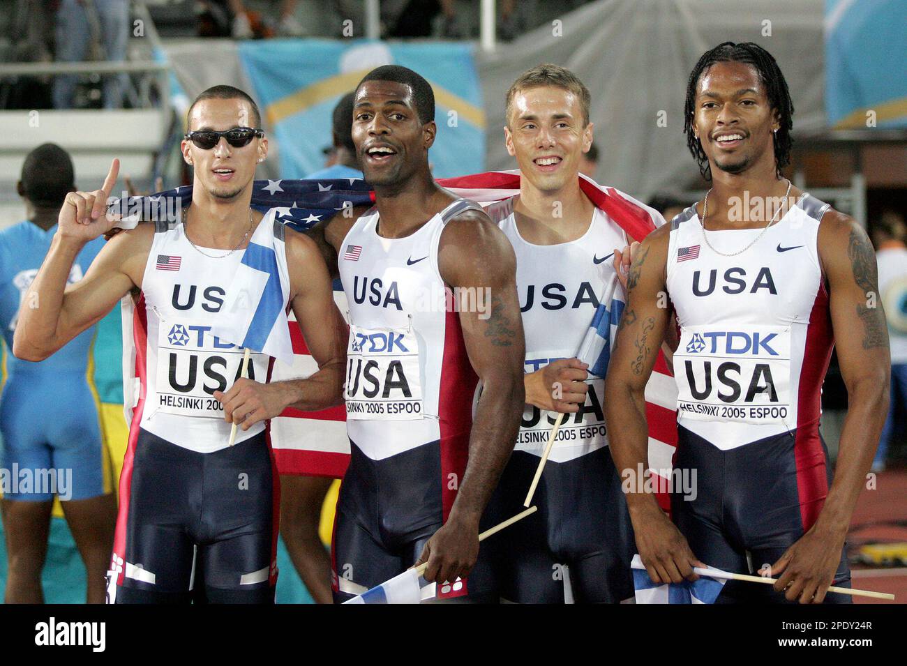 The gold medal winning US team, from left: Jeremy Wariner, Derrick Brew ...