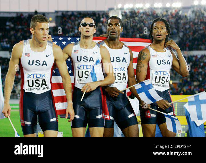 The gold medal winning US team, from left: Jeremy Wariner, Derrick Brew ...