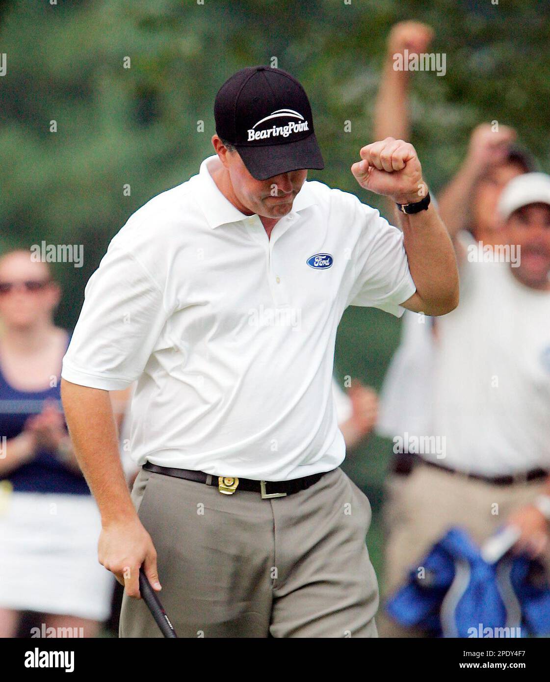 Phil Mickelson celebrates his birdie on the 12th hole during the third ...